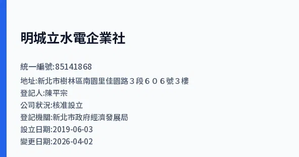 明城立水電企業社的照片-統編 85141868(新北市) 公司登記資料與營業項目詳細圖表