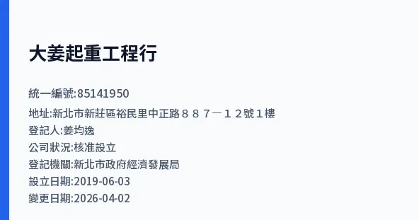 大姜起重工程行的照片-統編 85141950(新北市) 公司登記資料與營業項目詳細圖表