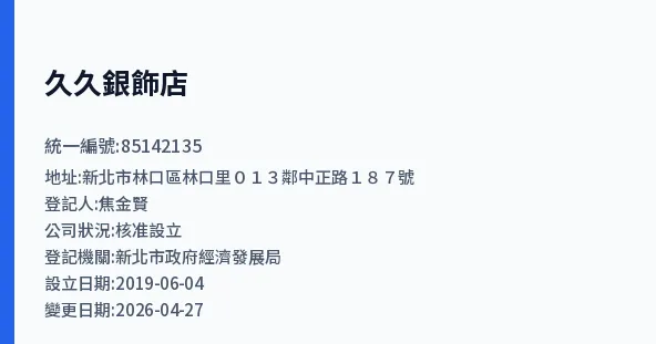 久久銀飾店的照片-統編 85142135(新北市) 公司登記資料與營業項目詳細圖表