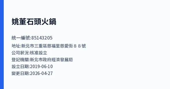 姚董石頭火鍋的照片-統編 85143205(新北市) 公司登記資料與營業項目詳細圖表