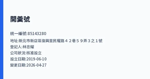 開羹號的照片-統編 85143280(新北市) 公司登記資料與營業項目詳細圖表