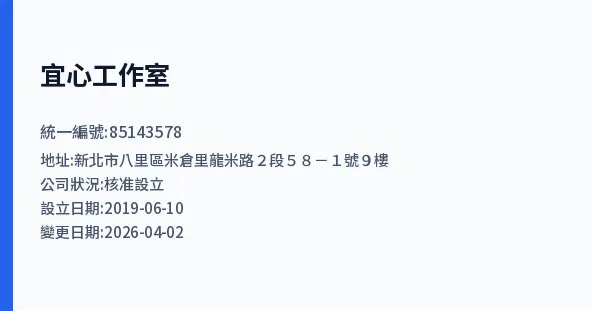 宜心工作室的照片-統編 85143578(新北市) 公司登記資料與營業項目詳細圖表