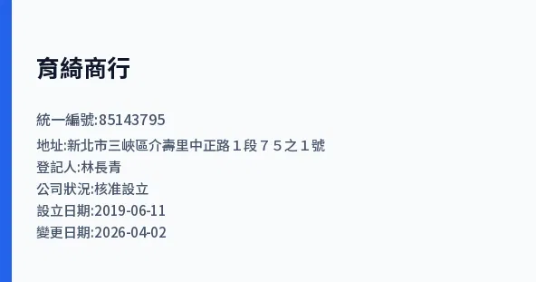 育綺商行的照片-統編 85143795(新北市) 公司登記資料與營業項目詳細圖表