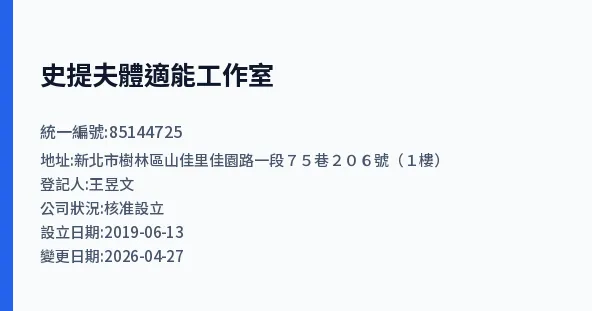 史提夫體適能工作室的照片-統編 85144725(新北市) 公司登記資料與營業項目詳細圖表