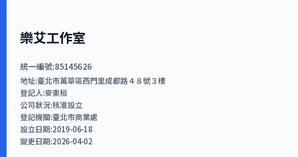 樂艾工作室的照片-統編 85145626(臺北市) 公司登記資料與營業項目詳細圖表
