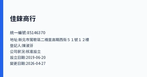 佳錸商行的照片-統編 85146370(新北市) 公司登記資料與營業項目詳細圖表