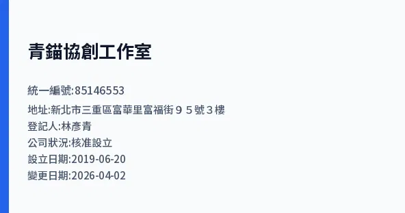 青錨協創工作室的照片-統編 85146553(新北市) 公司登記資料與營業項目詳細圖表