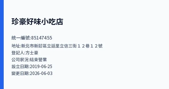 珍豪好味小吃店的照片-統編 85147455(新北市) 公司登記資料與營業項目詳細圖表