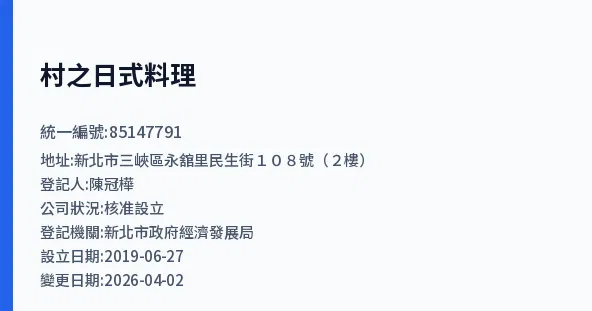 村之日式料理的照片-統編 85147791(新北市) 公司登記資料與營業項目詳細圖表