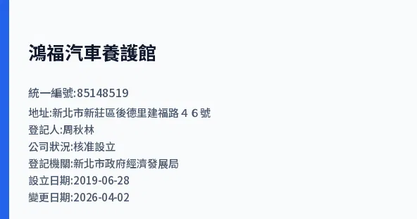鴻福汽車養護館的照片-統編 85148519(新北市) 公司登記資料與營業項目詳細圖表