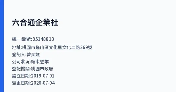 六合通企業社的照片-統編 85148813(桃園市) 公司登記資料與營業項目詳細圖表