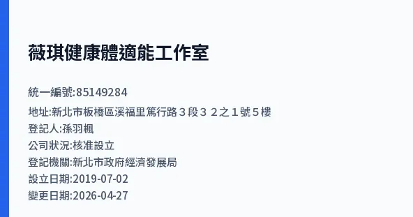 薇琪健康體適能工作室的照片-統編 85149284(新北市) 公司登記資料與營業項目詳細圖表