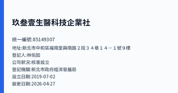 玖叁壹生醫科技企業社的照片-統編 85149307(新北市) 公司登記資料與營業項目詳細圖表