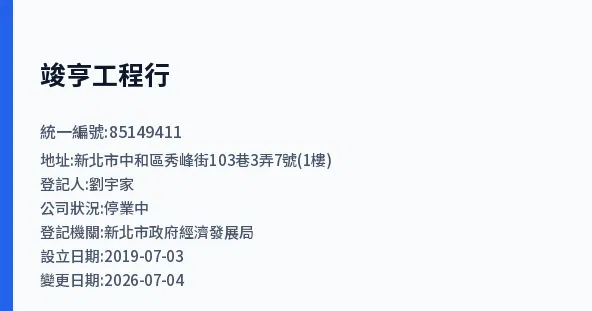 竣亨工程行的照片-統編 85149411(新北市) 公司登記資料與營業項目詳細圖表