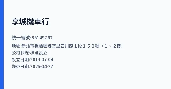 享城機車行的照片-統編 85149762(新北市) 公司登記資料與營業項目詳細圖表