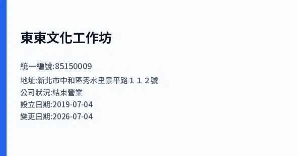 東東文化工作坊的照片-統編 85150009(新北市) 公司登記資料與營業項目詳細圖表