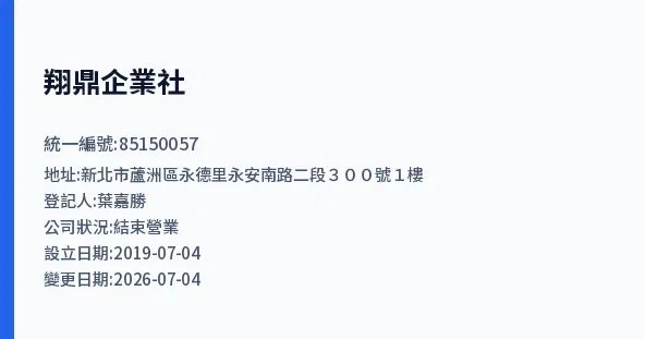 翔鼎企業社的照片-統編 85150057(新北市) 公司登記資料與營業項目詳細圖表