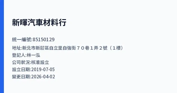 新暉汽車材料行的照片-統編 85150129(新北市) 公司登記資料與營業項目詳細圖表