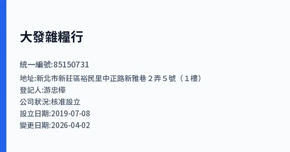 大發雜糧行的照片-統編 85150731(新北市) 公司登記資料與營業項目詳細圖表