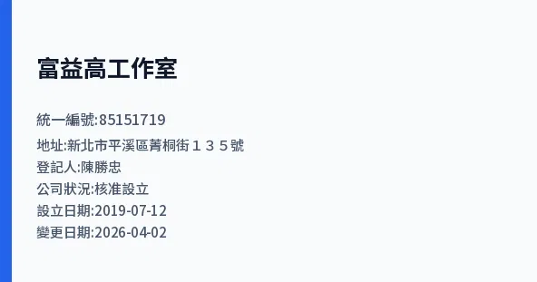 富益高工作室的照片-統編 85151719(新北市) 公司登記資料與營業項目詳細圖表