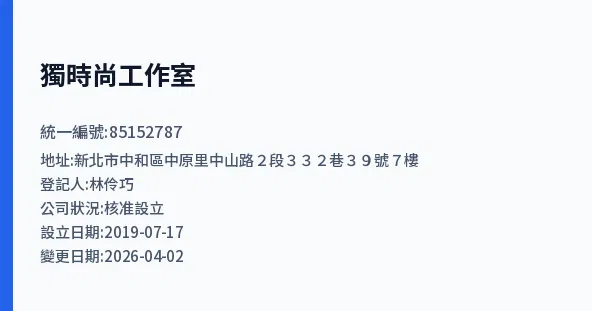 獨時尚工作室的照片-統編 85152787(新北市) 公司登記資料與營業項目詳細圖表