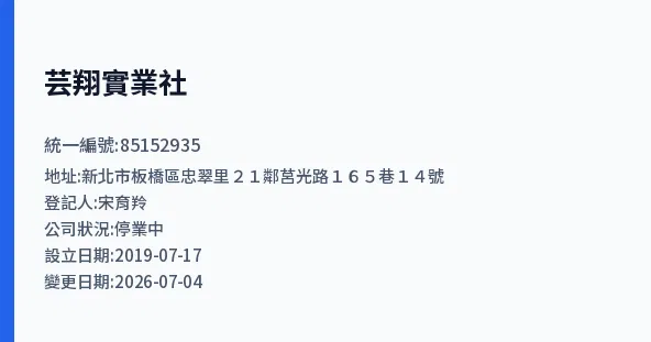芸翔實業社的照片-統編 85152935(新北市) 公司登記資料與營業項目詳細圖表