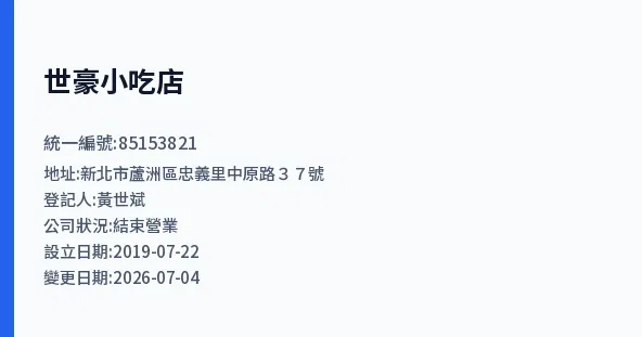 世豪小吃店的照片-統編 85153821(新北市) 公司登記資料與營業項目詳細圖表