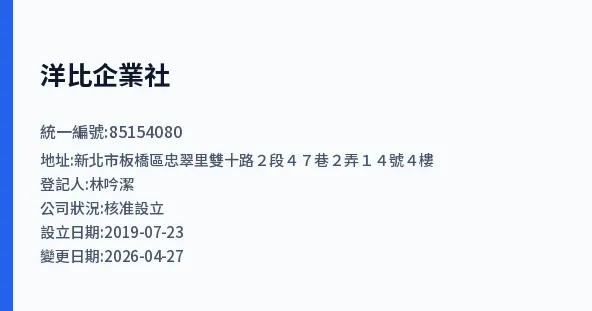 洋比企業社的照片-統編 85154080(新北市) 公司登記資料與營業項目詳細圖表