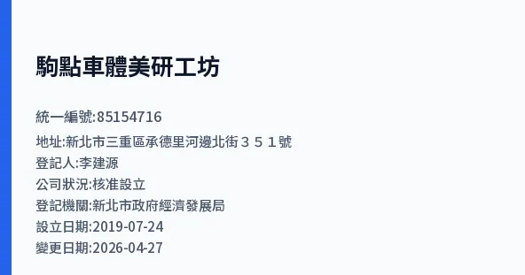 駒點車體美研工坊的照片-統編 85154716(新北市) 公司登記資料與營業項目詳細圖表