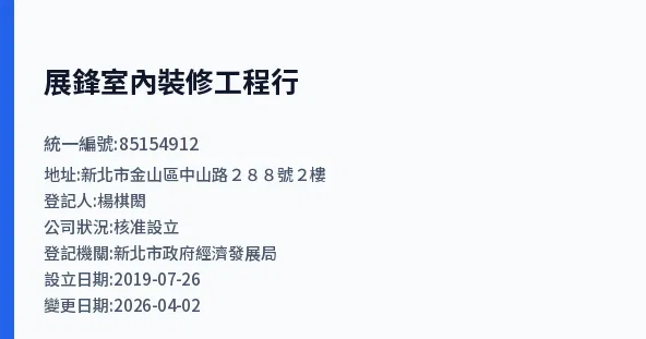 展鋒室內裝修工程行的照片-統編 85154912(新北市) 公司登記資料與營業項目詳細圖表