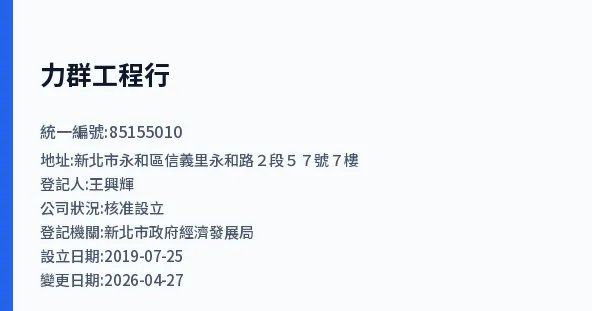 力群工程行的照片-統編 85155010(新北市) 公司登記資料與營業項目詳細圖表
