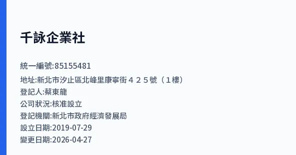 千詠企業社的照片-統編 85155481(新北市) 公司登記資料與營業項目詳細圖表