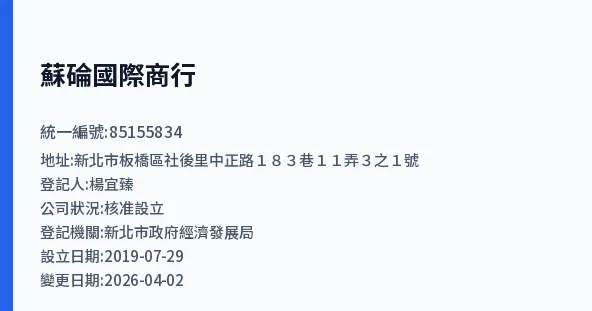 蘇碖國際商行的照片-統編 85155834(新北市) 公司登記資料與營業項目詳細圖表