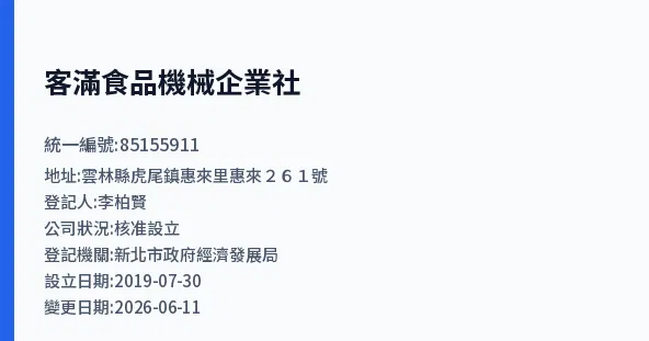 客滿食品機械企業社的照片-統編 85155911(雲林縣) 公司登記資料與營業項目詳細圖表