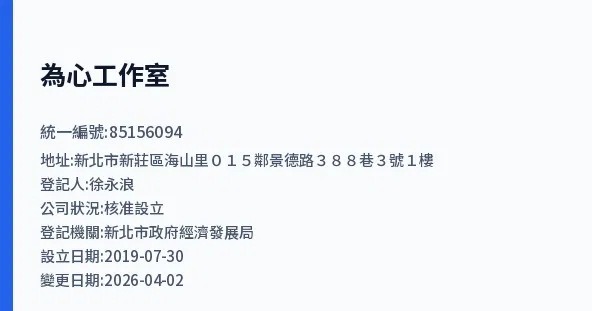 為心工作室的照片-統編 85156094(新北市) 公司登記資料與營業項目詳細圖表