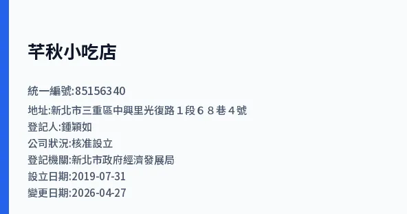 芊秋小吃店的照片-統編 85156340(新北市) 公司登記資料與營業項目詳細圖表