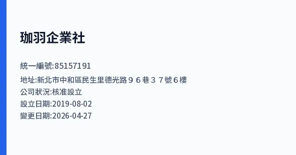 珈羽企業社的照片-統編 85157191(新北市) 公司登記資料與營業項目詳細圖表