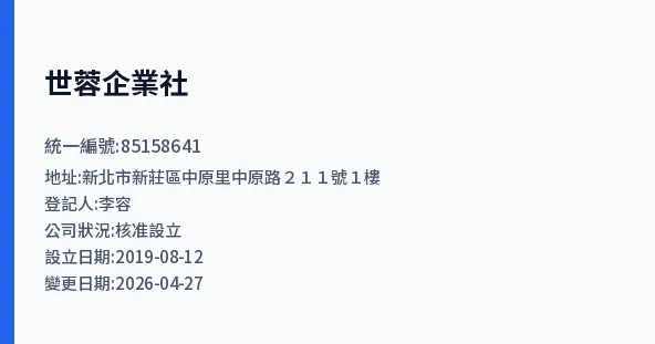 世蓉企業社的照片-統編 85158641(新北市) 公司登記資料與營業項目詳細圖表