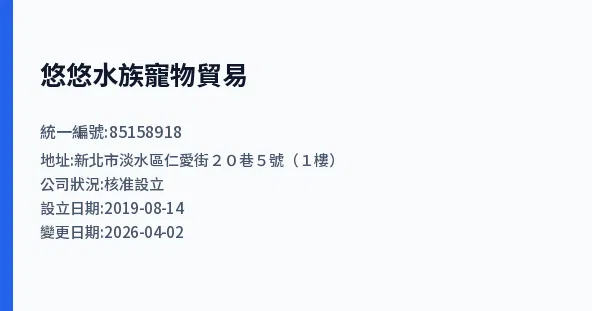 悠悠水族寵物貿易的照片-統編 85158918(新北市) 公司登記資料與營業項目詳細圖表