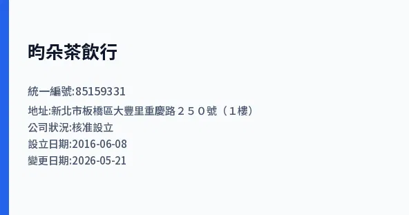 昀朵茶飲行的照片-統編 85159331(新北市) 公司登記資料與營業項目詳細圖表