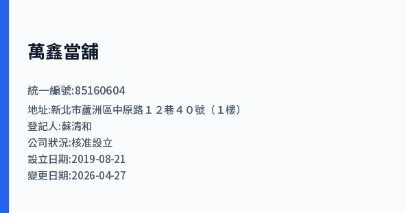 萬鑫當舖的照片-統編 85160604(新北市) 公司登記資料與營業項目詳細圖表