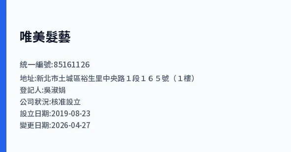 唯美髮藝的照片-統編 85161126(新北市) 公司登記資料與營業項目詳細圖表