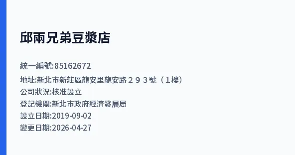 邱兩兄弟豆漿店的照片-統編 85162672(新北市) 公司登記資料與營業項目詳細圖表