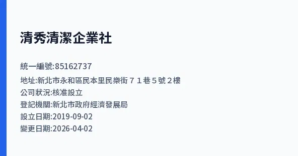 清秀清潔企業社的照片-統編 85162737(新北市) 公司登記資料與營業項目詳細圖表