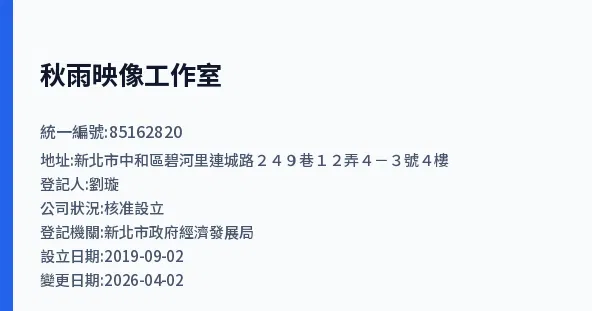 秋雨映像工作室的照片-統編 85162820(新北市) 公司登記資料與營業項目詳細圖表