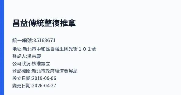 昌益傳統整復推拿的照片-統編 85163671(新北市) 公司登記資料與營業項目詳細圖表