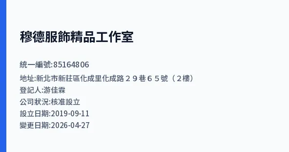 穆德服飾精品工作室的照片-統編 85164806(新北市) 公司登記資料與營業項目詳細圖表