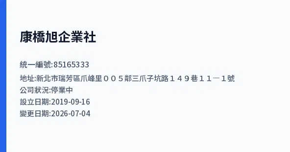 康橋旭企業社的照片-統編 85165333(新北市) 公司登記資料與營業項目詳細圖表