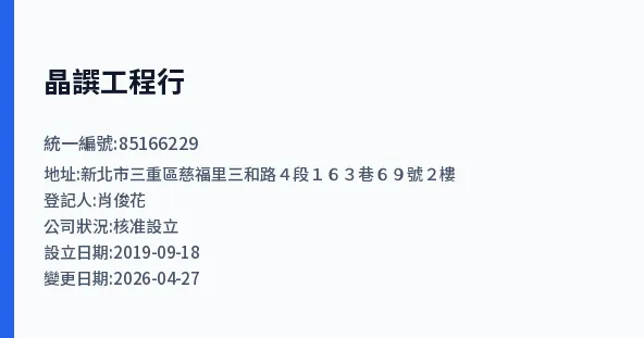 晶譔工程行的照片-統編 85166229(新北市) 公司登記資料與營業項目詳細圖表