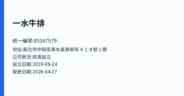 一水牛排的照片-統編 85167579(新北市) 公司登記資料與營業項目詳細圖表